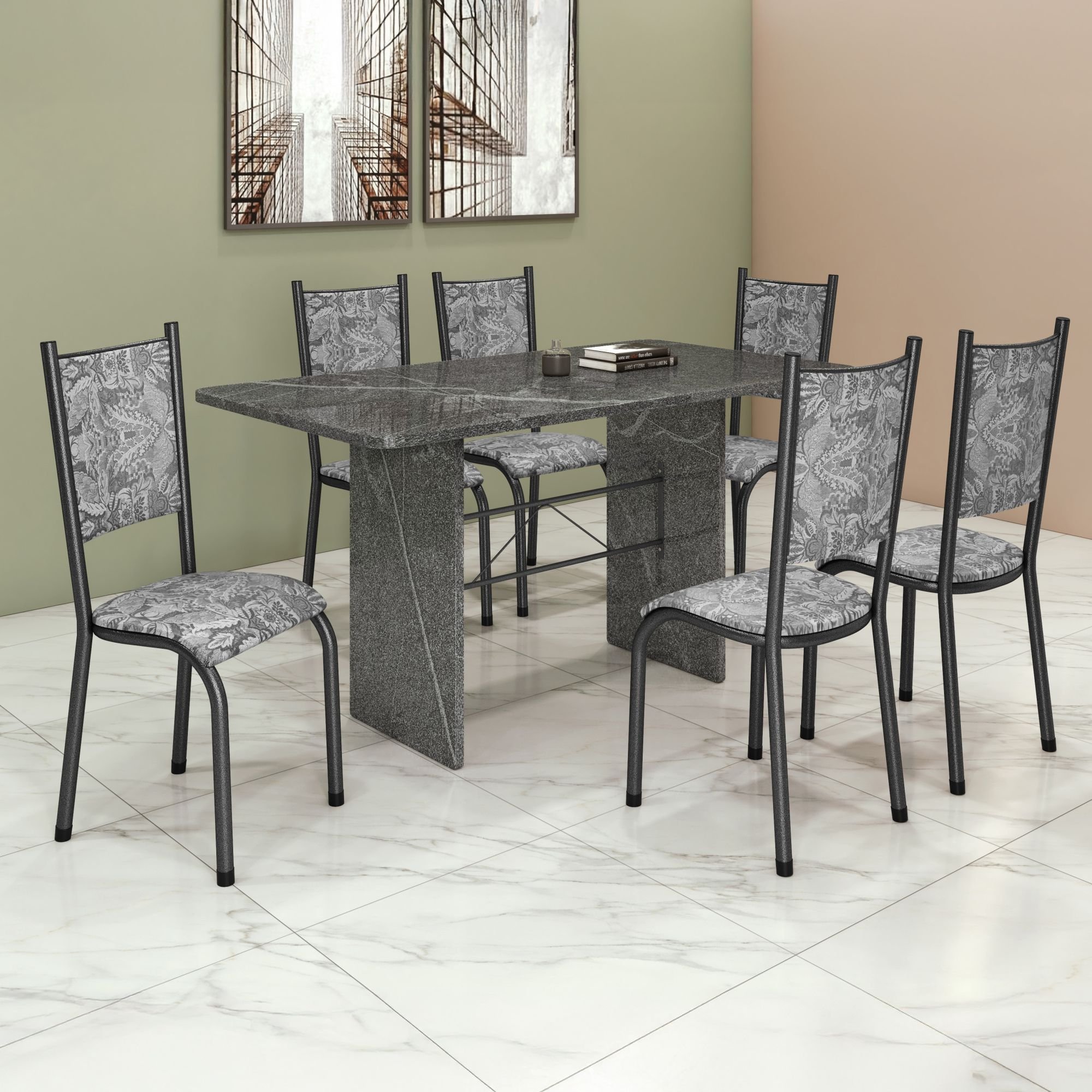 Conjunto Sala de Jantar Tubular 6 Lugares Retangular Mesa Tampo Granito ...