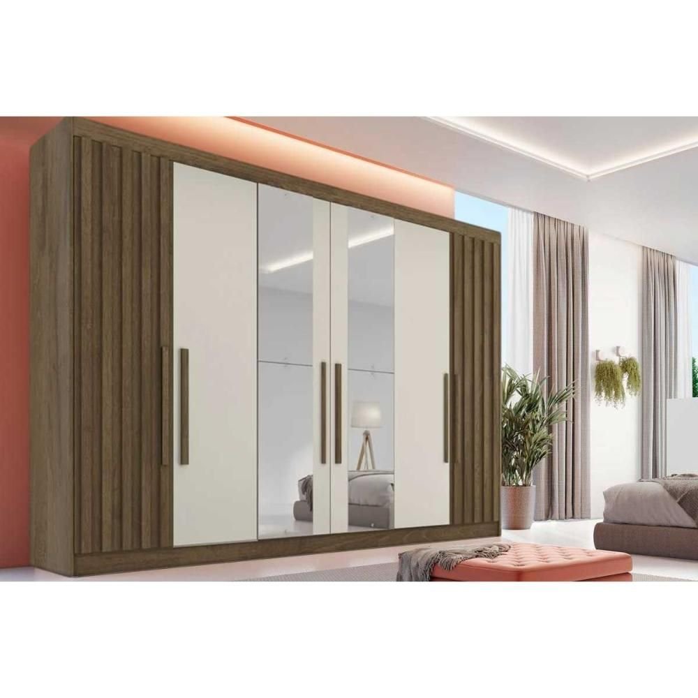 Guarda Roupa 6 Portas (2 Ripadas e 2 C/ Espelho) e 6 Gavetas Potente Braúna/off White - Europa ...