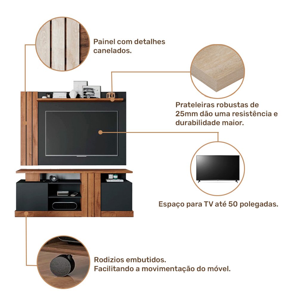 Rack para TV até 50 Polegadas com Painel Cristal Permobili Savana ...