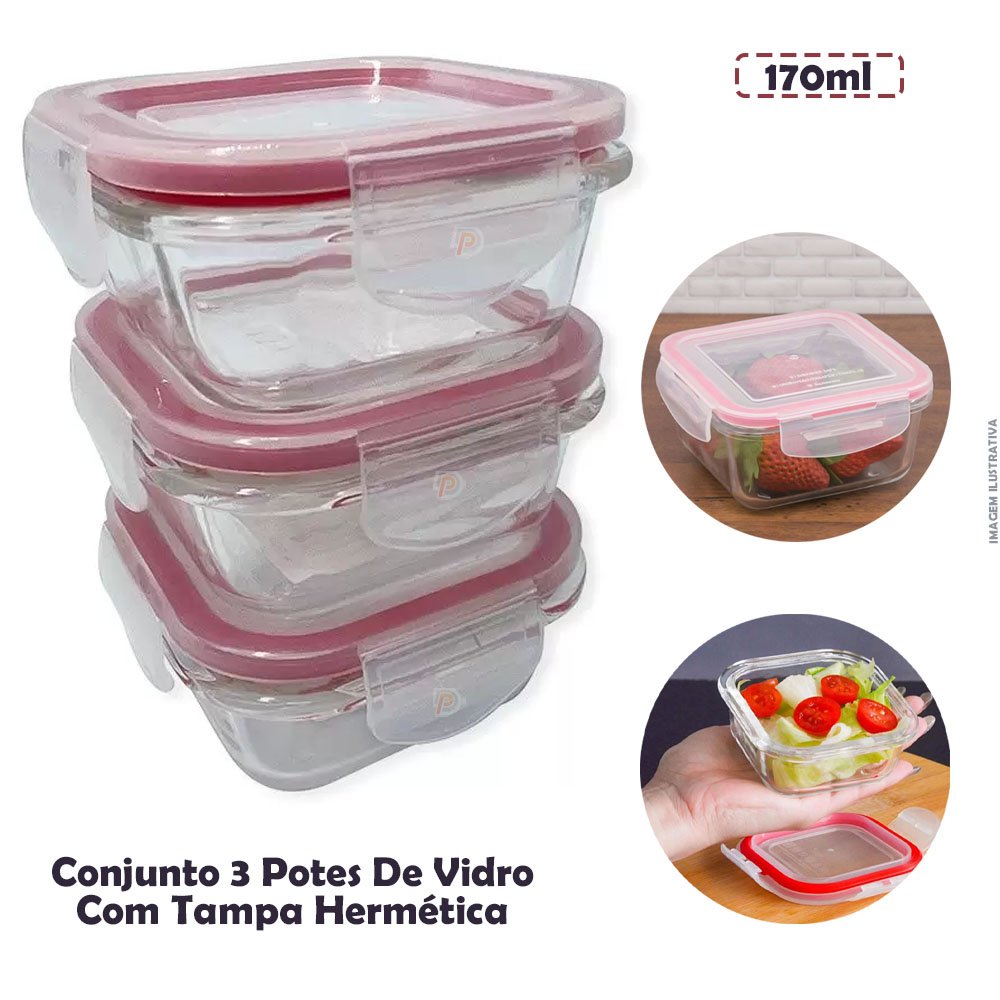 Conjunto 3 Potes de Vidro com Tampa Hermética 170ml Quadrado Wincy ...