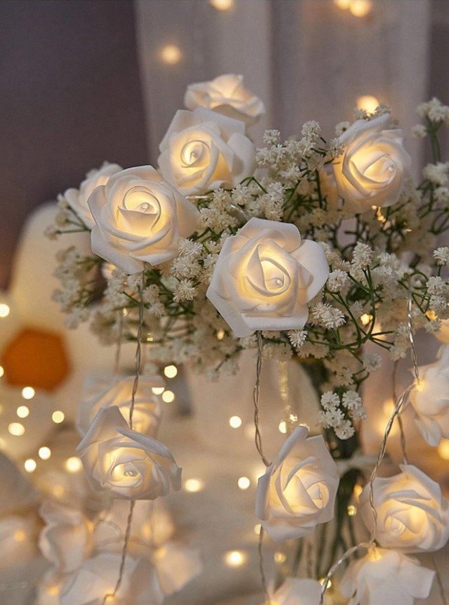 Cordão Flor de Led Rosa Artificial com Led Fio Luz Planta 3m Vitrine ...