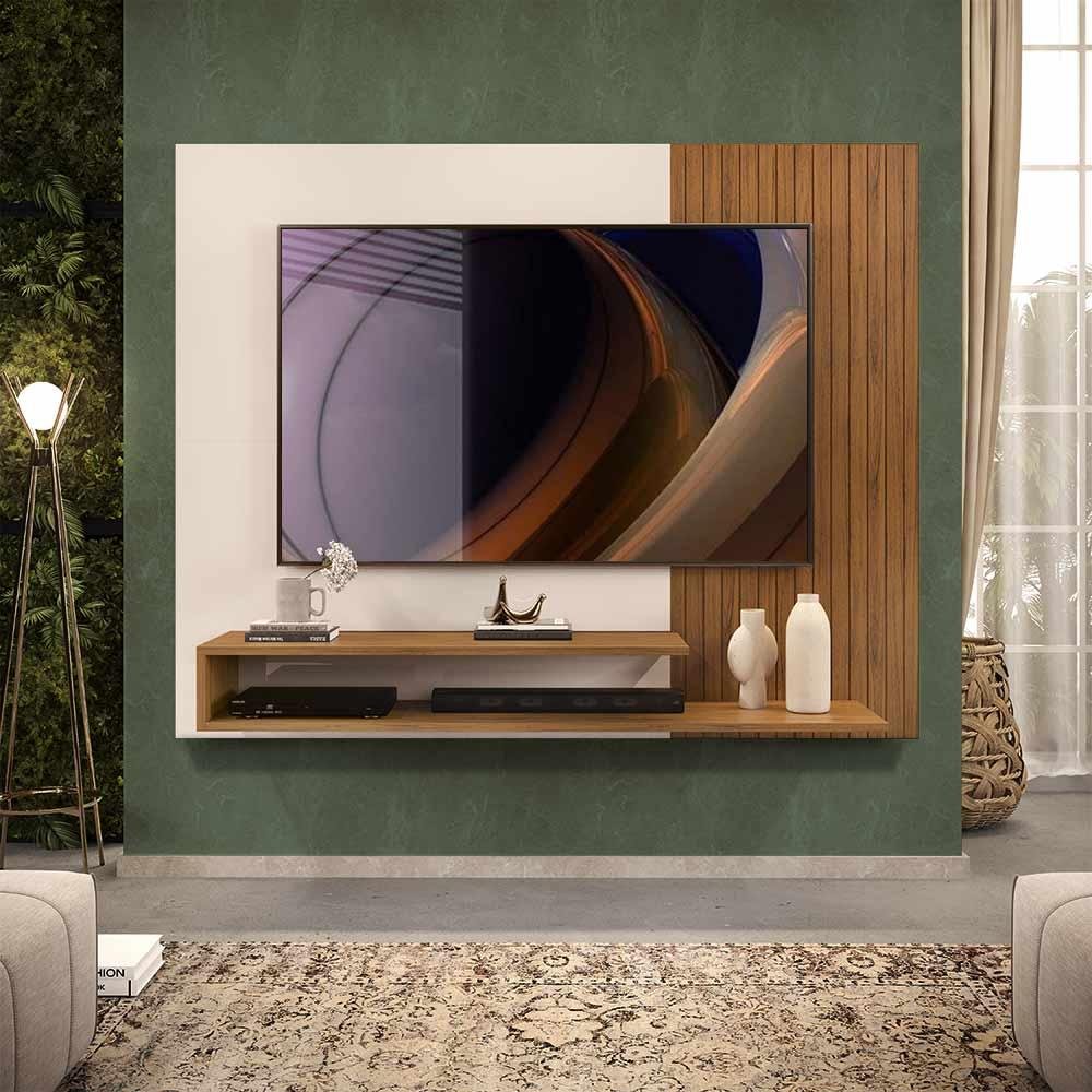 Painel De TV Para Sala Até 50 Polegadas Ripado Freijó Off White Mena ...