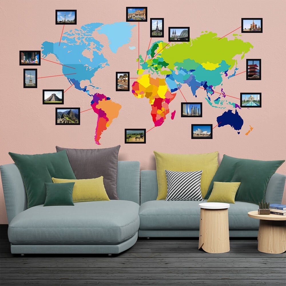 Adesivo de Parede Mapa Mundi Colorido com Molduras Arte Destaque 1,70 X ...