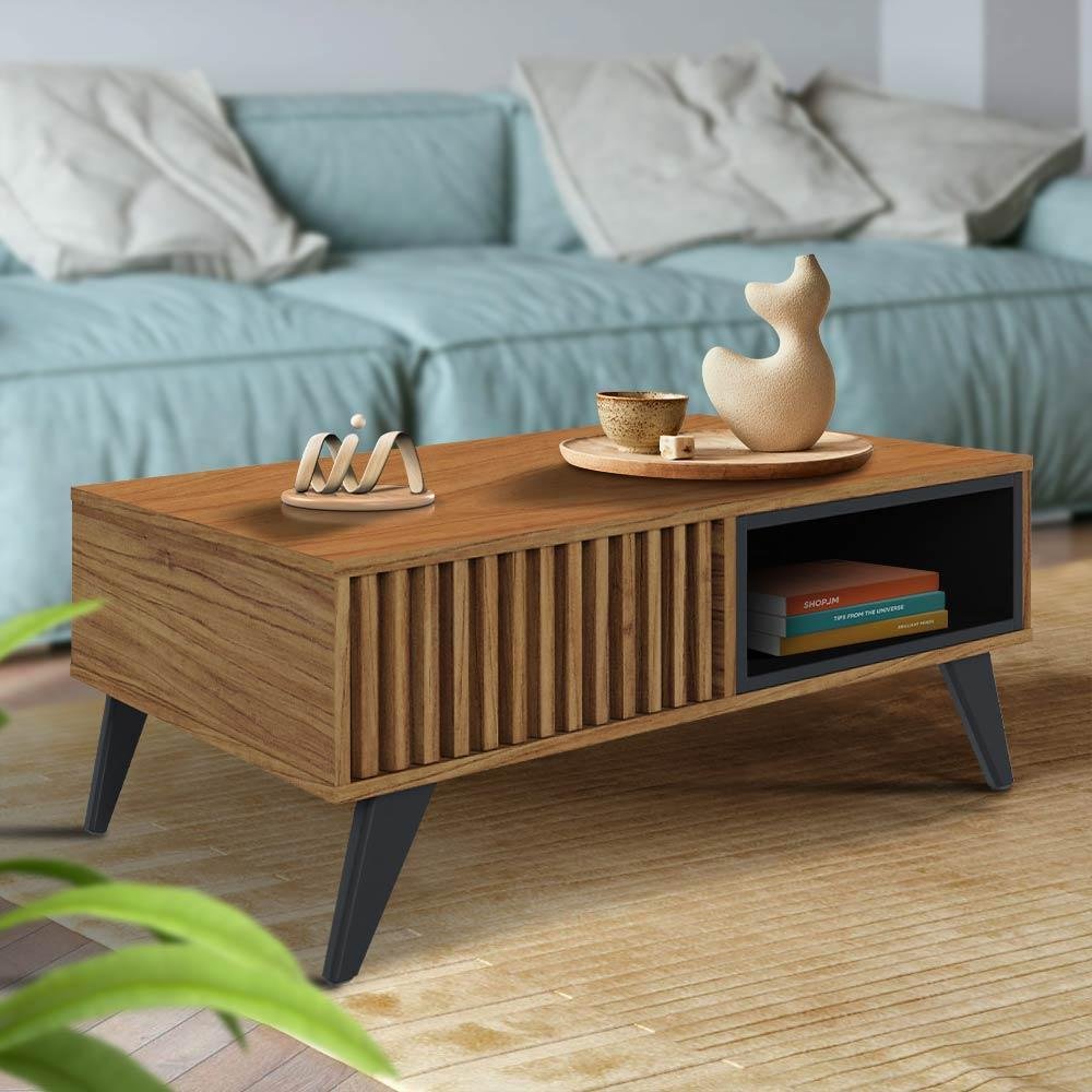 Mesa de Centro Retangular Ripada Noce Milano Preto Fosco Oliv Jm Móveis | MadeiraMadeira