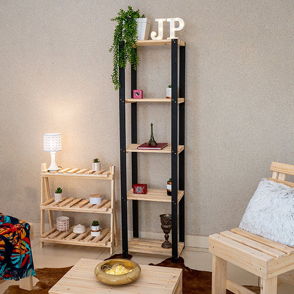 Organizador Multiuso 47cm em Madeira Maciça Pinus Natural e Preto ...