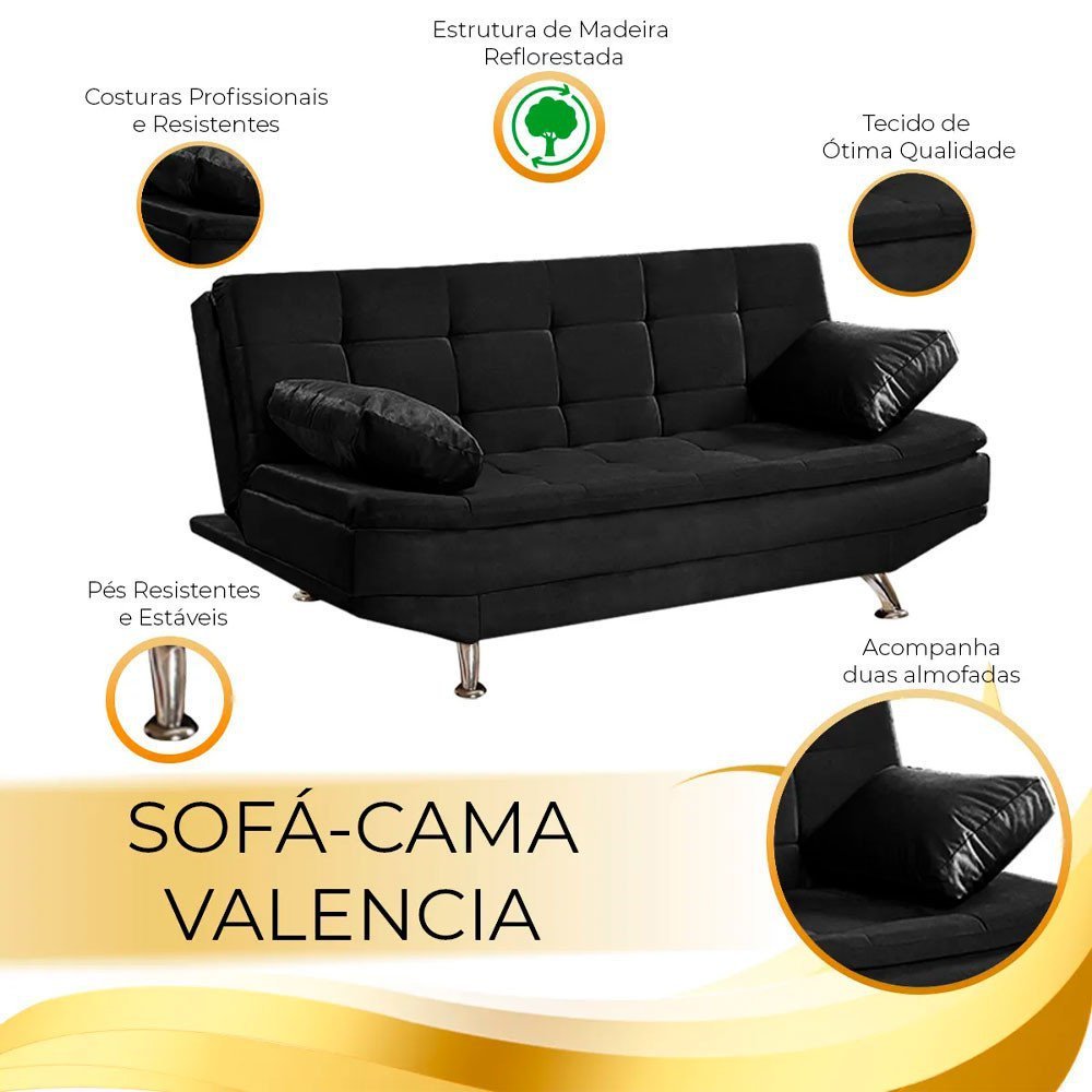 Sofá Cama Valencia 3 Lugares Reclinável Corano Preto - Speciale Home | MadeiraMadeira