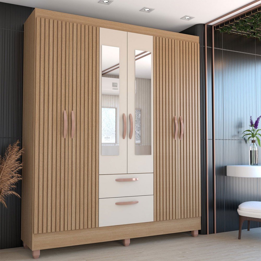 Guarda-roupa Solteiro Virtuoso 6 Portas 2 Gavetas com Espelho Canelato ...