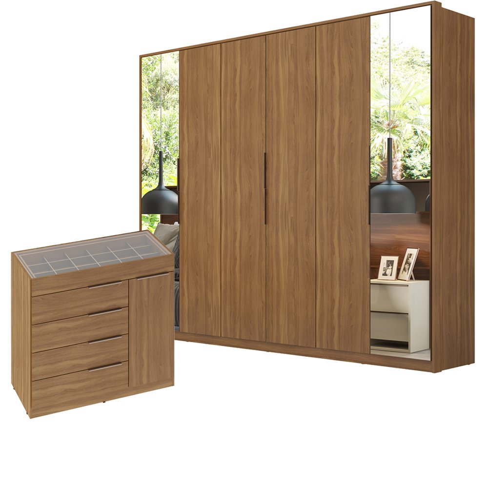 Guarda Roupa Casal 6 Portas 2 Espelhos Atrice e Cômoda Lume 5 Gavetas ...