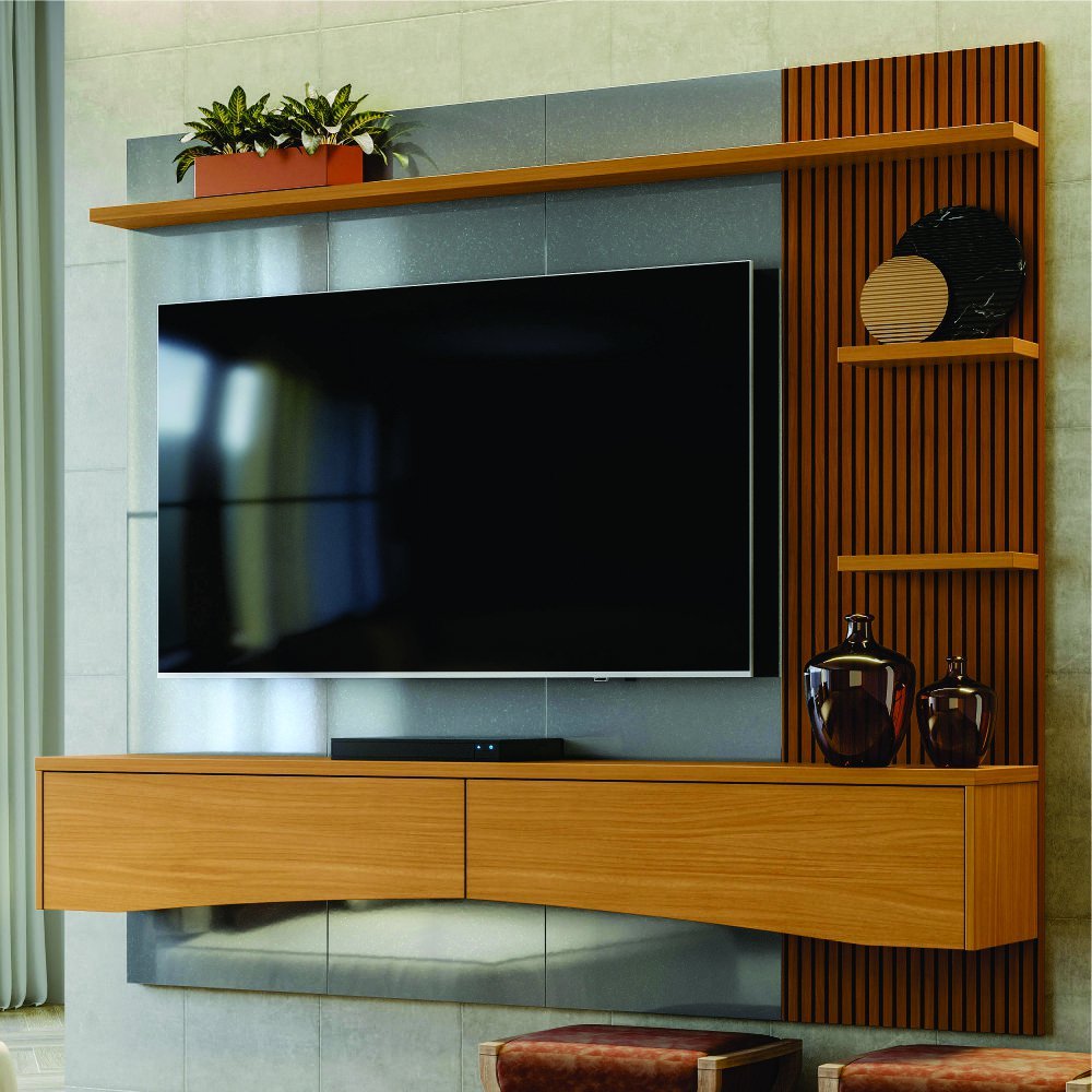 Painel com Prateleira Lusaca Cinza Perolizado Tauari | MadeiraMadeira