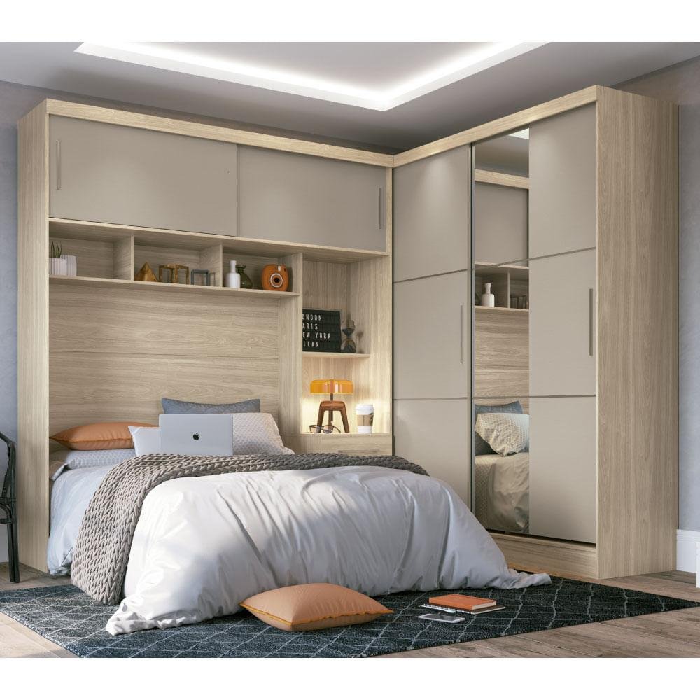 Quarto Modulado Classic Casal com 5 Portas - Nogueira/Gris | MadeiraMadeira