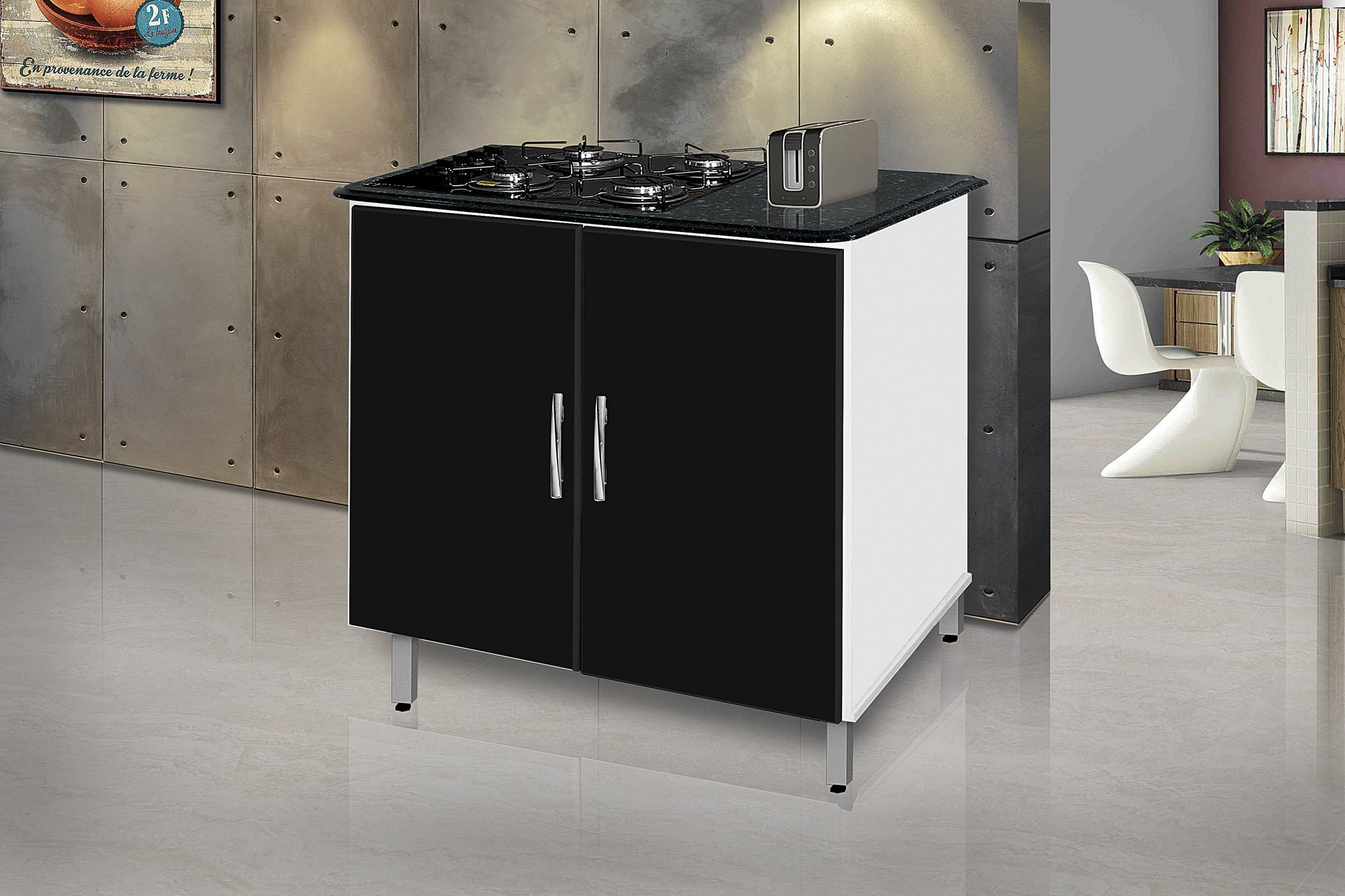 Balcão para Fogão Cooktop 4 bocas 2 portas Luanda Cor:Branco/Preto ...