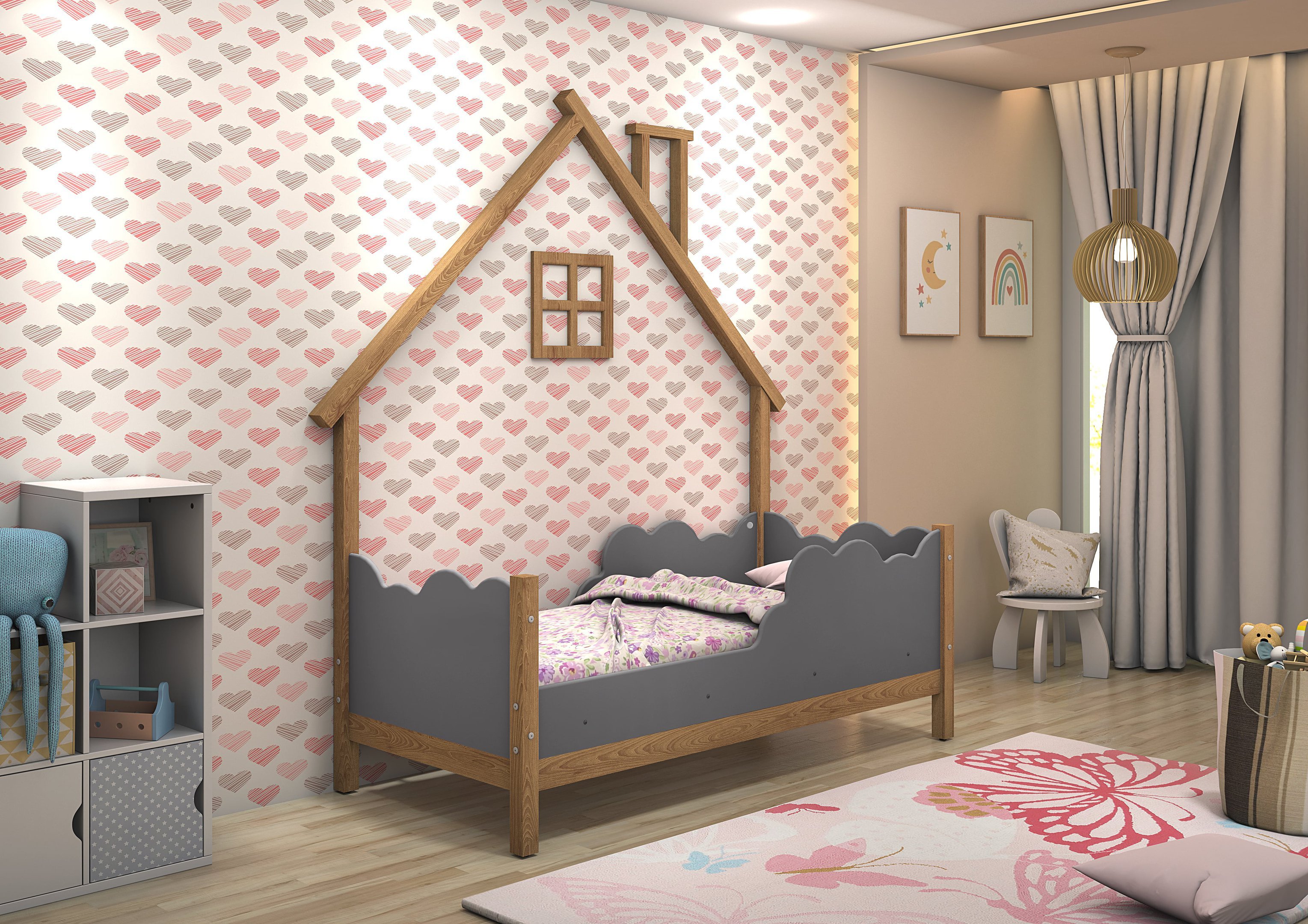 Mini Cama Infantil Cristal Nuvem Casinha E Chaminé Menina Freijó/Cinza ...
