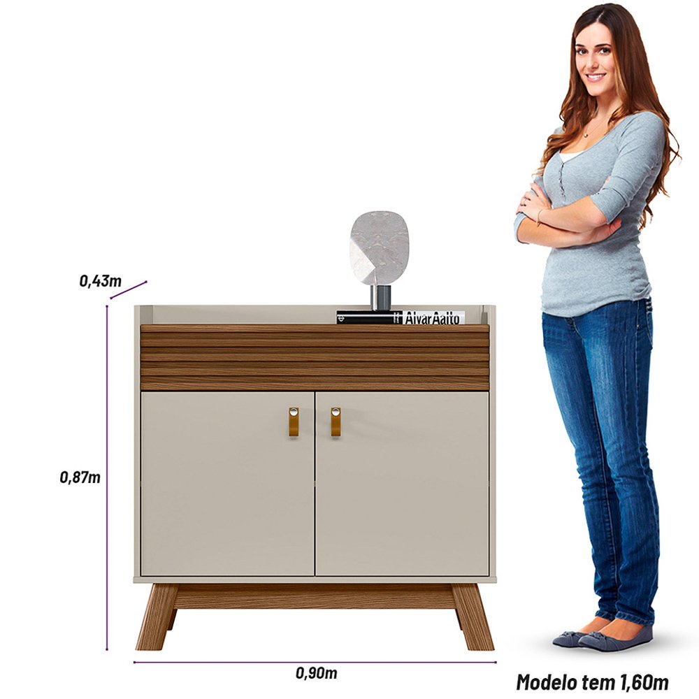 Balcão Buffet 90cm 2 Portas 1 Gaveta Ripada Paula L06 Freijó/Off White - Mpozenato | MadeiraMadeira