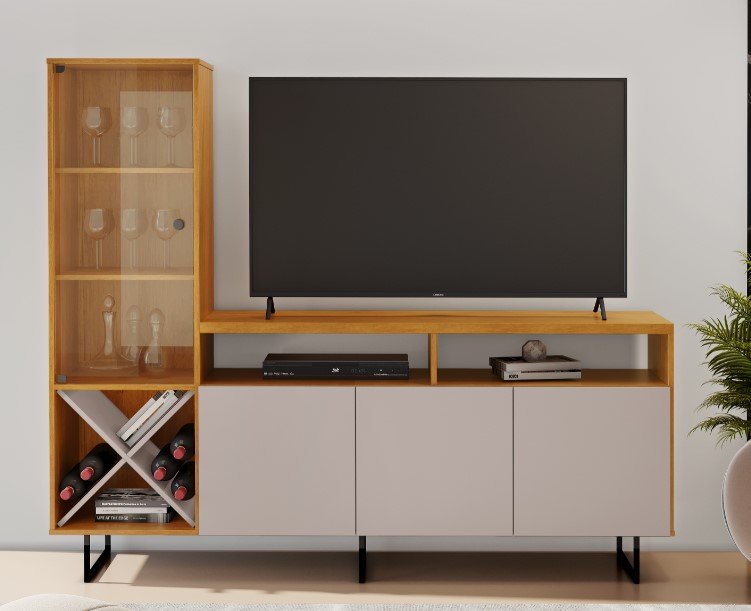 Rack para TV até 55 Polegadas 3 Portas com Cristaleira Porta de Vidro e ...