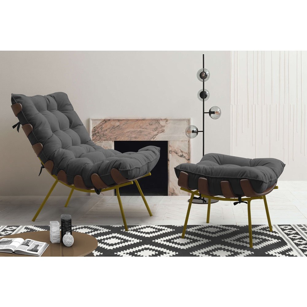 Conjunto Poltrona e Puff Costela Adão Madeira Base Dourada- Aliw Decor ...