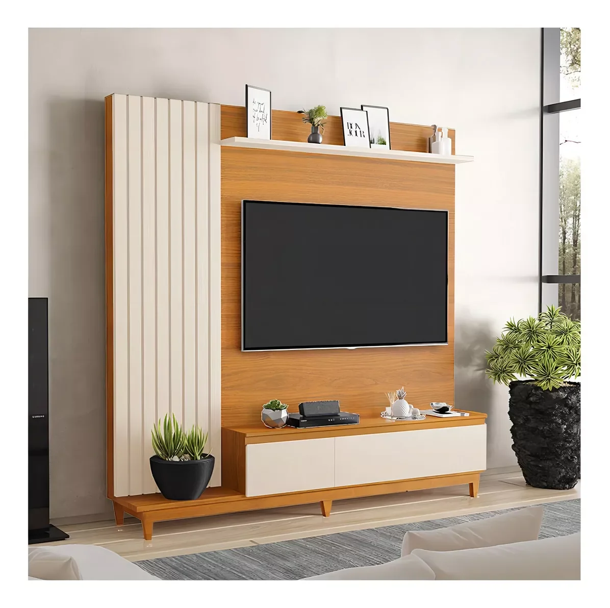 Painel de Tv Ripado até 65 Pol Rack com Prateleira e Porta:freijó / Off ...