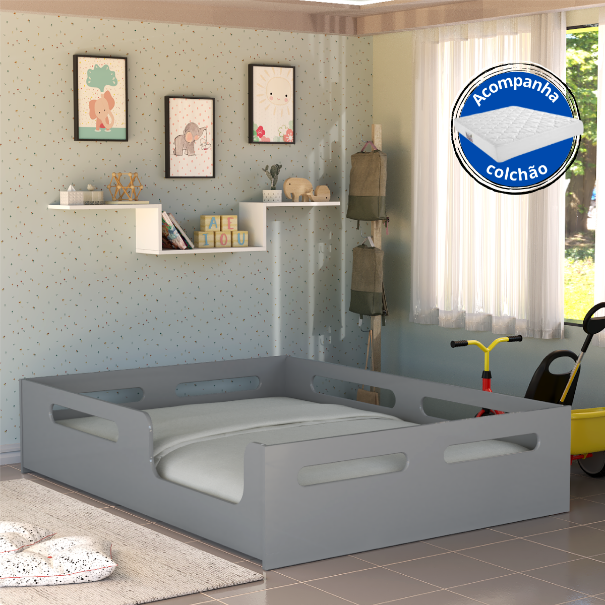 Cama Casal Infantil Montessoriana com Colchão 138x188cm:cinza ...