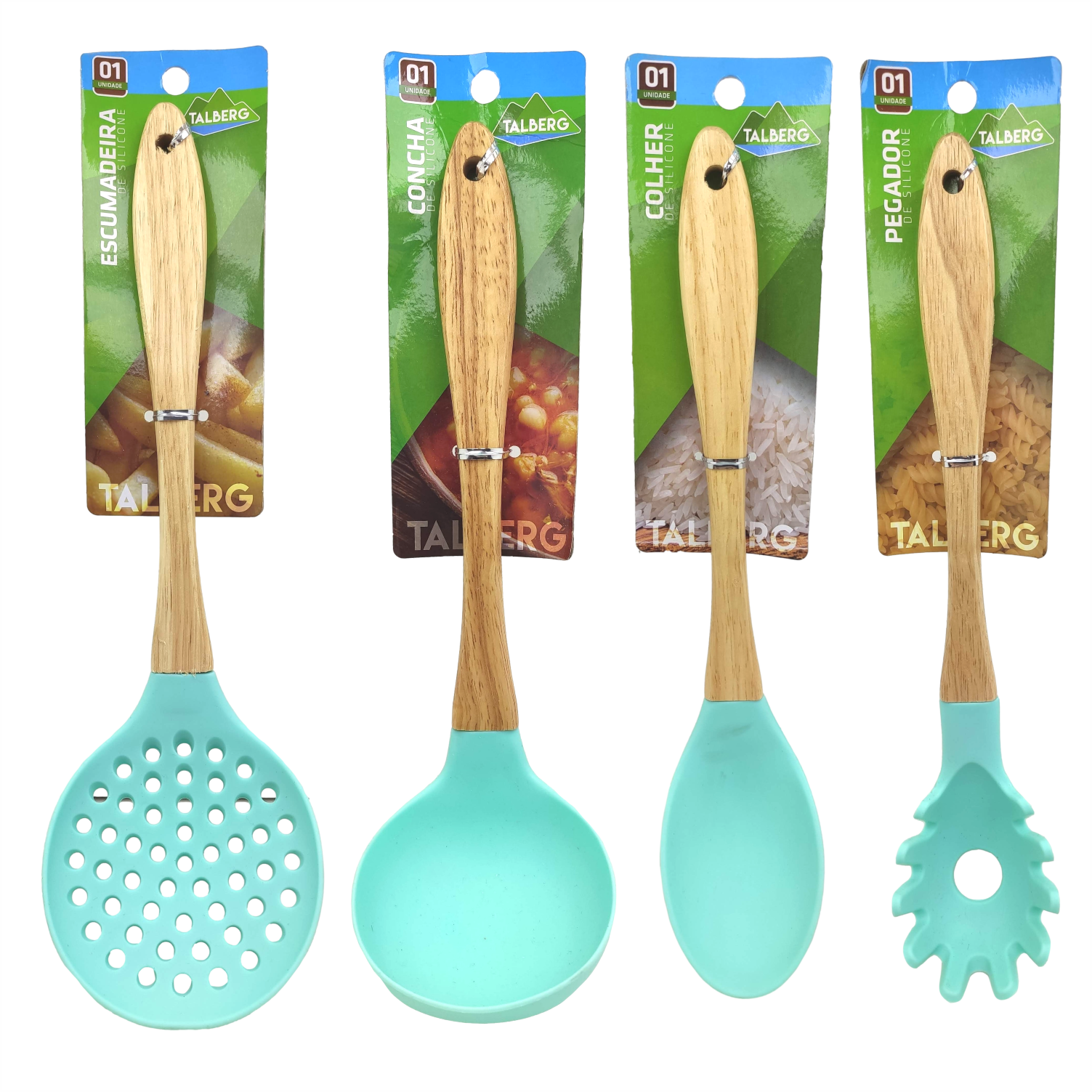 Jogo de Talheres Utensílios Cozinha Silicone Cabo Madeira Kit 4 Peças ...