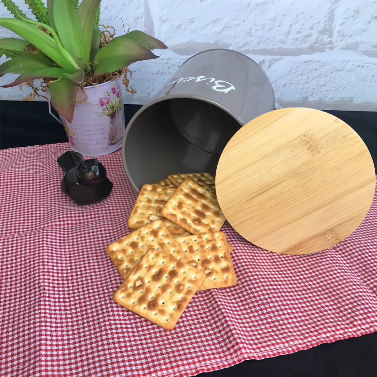 Pote Biscuits Porta Condimentos Lata de Biscoito com Tampa de Bambu ...