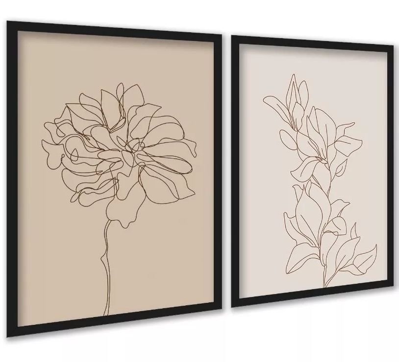 Kit 2 Quadros Flores Linhas Suaves - Bege 45x34cm - com Vidro:moldura ...