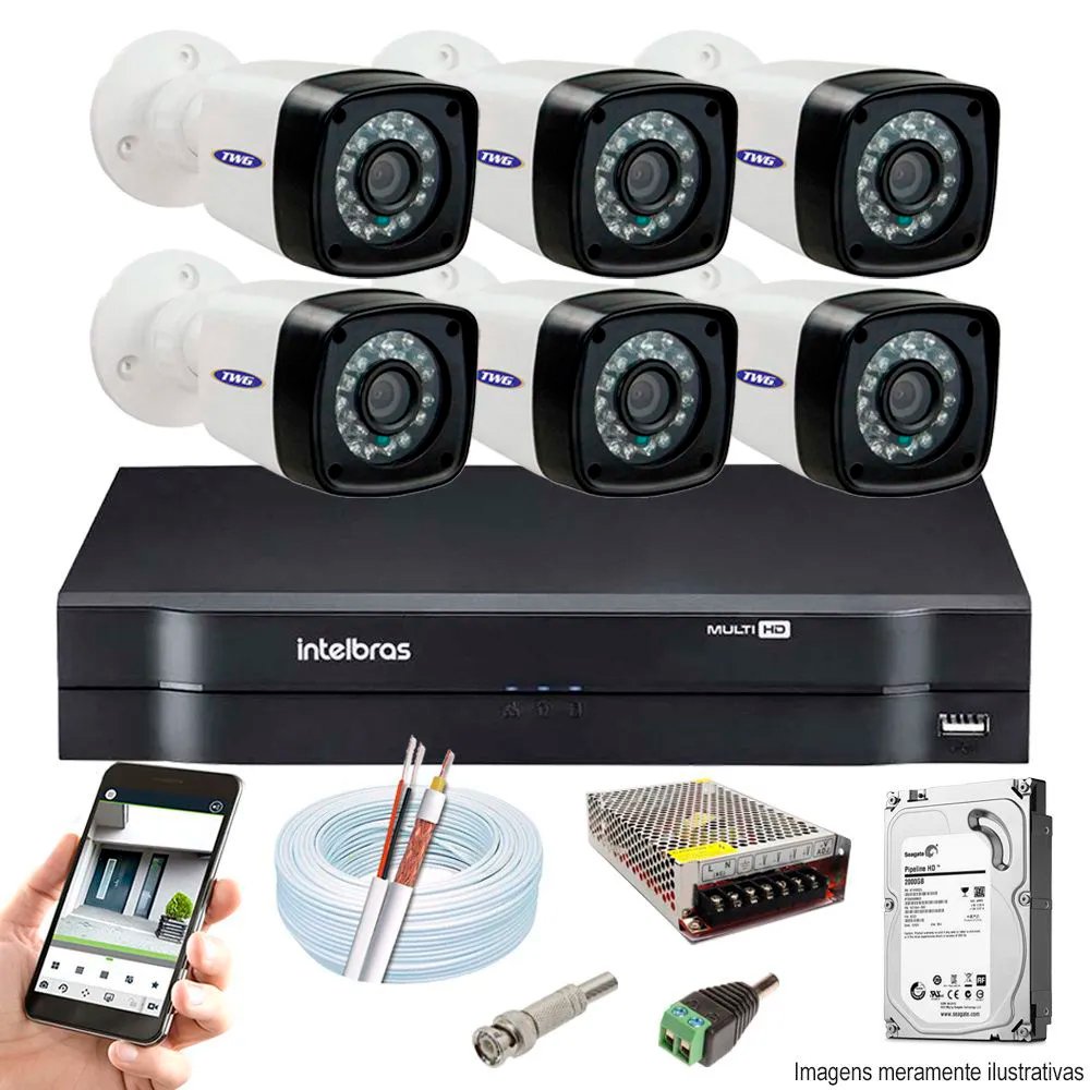Kit CfTV 6 Câmeras Bullet 1080P DVR 8 Canais Intelbras 1108 Mhdx + HD ...