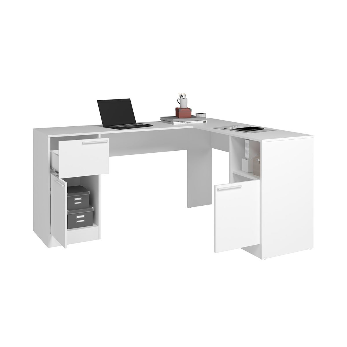Escrivaninha em L para Escritório 160 Cm 2 Portas 1 Gaveta MDP Branco ...