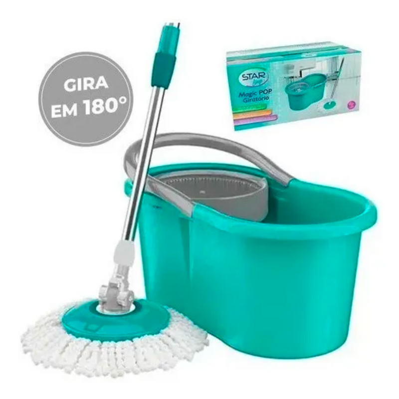 Mop Balde Esfregão Giratório 1 Refil Com Roda e Alça Cabo Extensível 12 ...