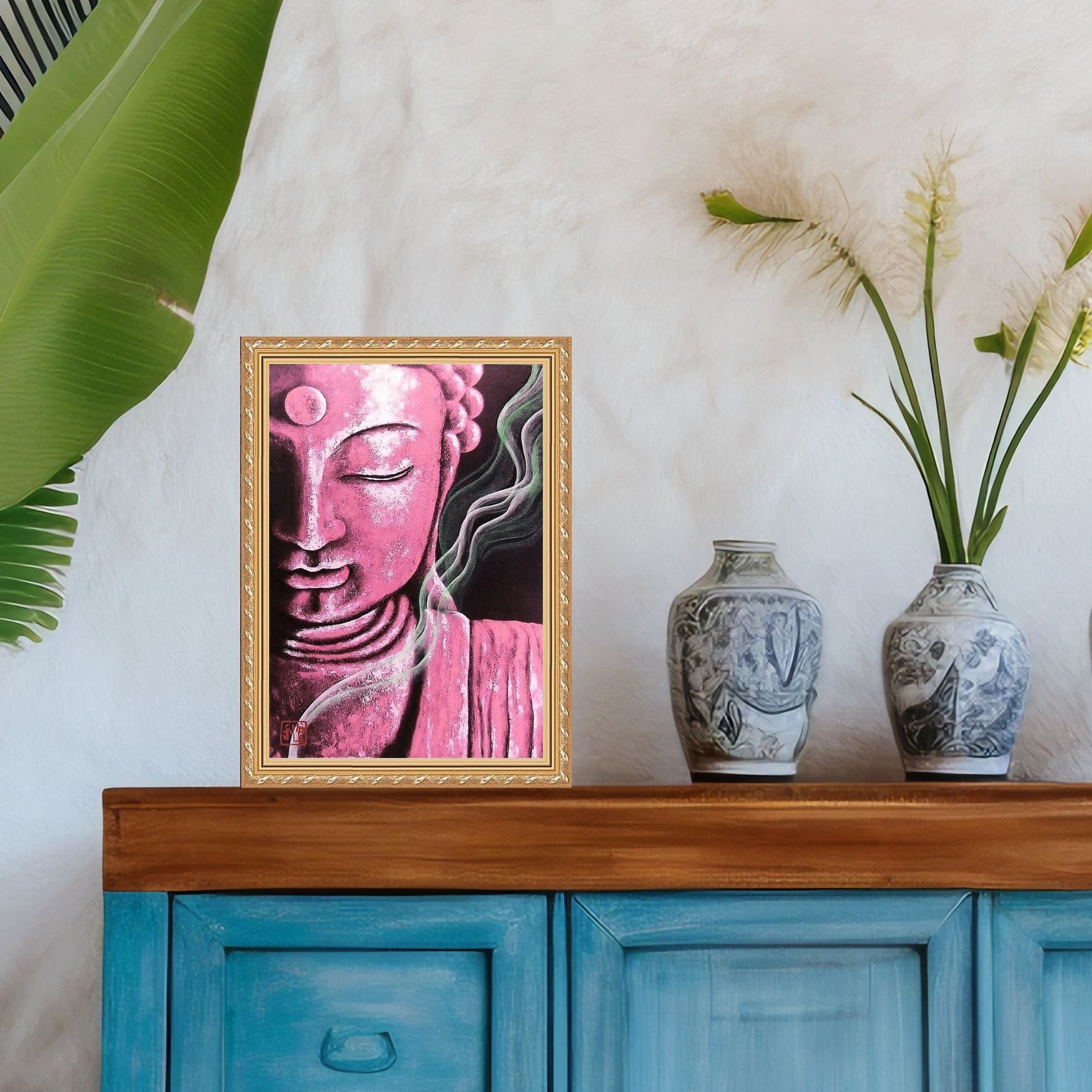 Quadro Moldura Dourada Buda Rosa 45x34cm:com Vidro | MadeiraMadeira