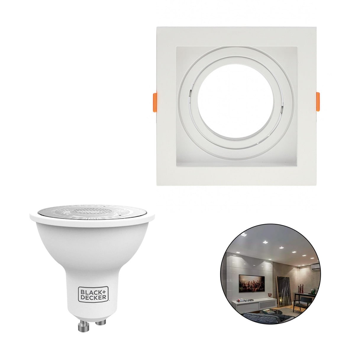 Kit Spot Quadrado Embutir GU10 e Lâmpada MR16 Black + Decker Branco/Branco Frio | MadeiraMadeira