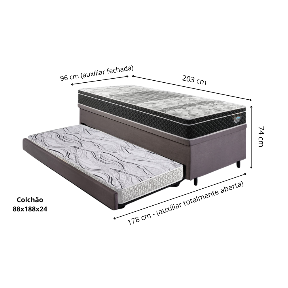Bicama Box Baú Solteirão Suede Cinza 96x203 com Colchão Gransleep ...