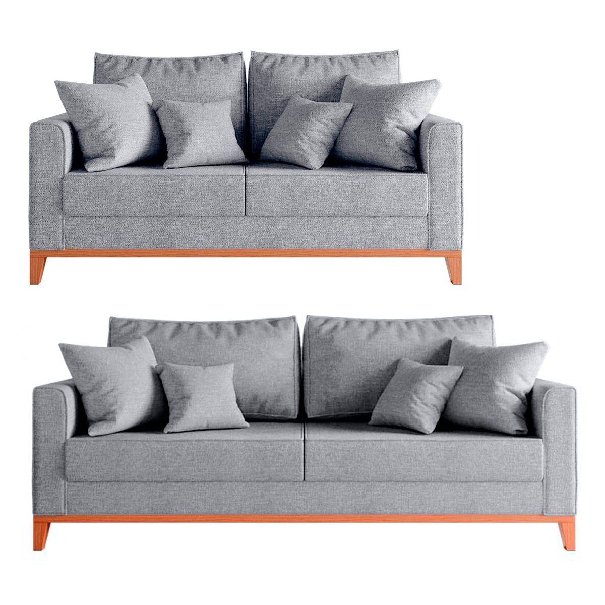 Conjunto de Sofá 3 e 2 Lugares Beny com Base de Madeira - Linho Cinza | MadeiraMadeira