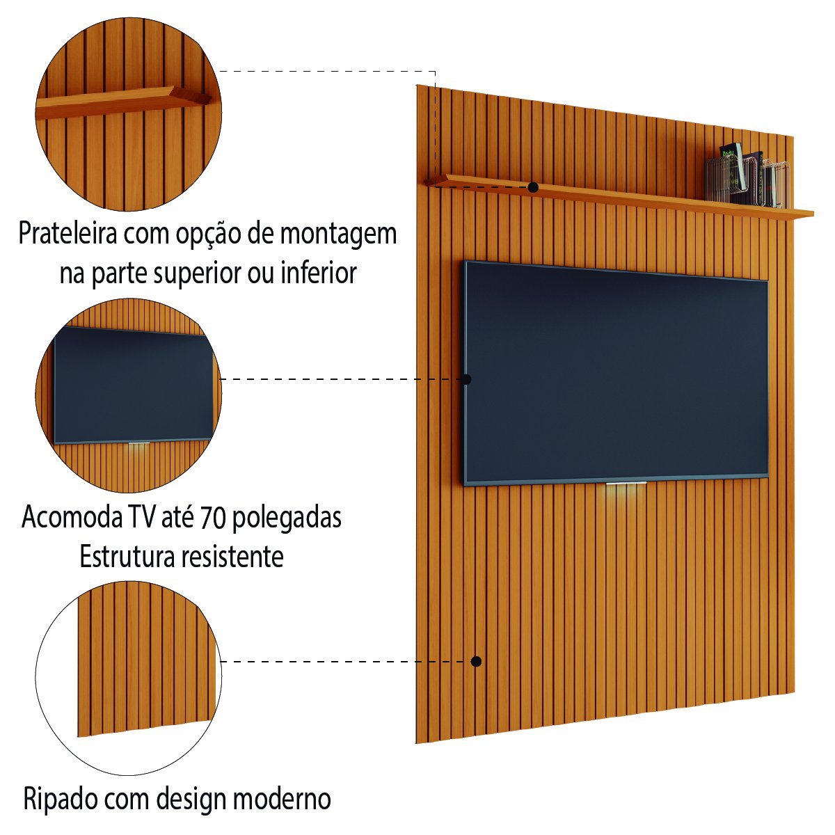 Painel para TV até 70 Polegadas 1,80x2,40m Ripado com Prateleira Arbo ...