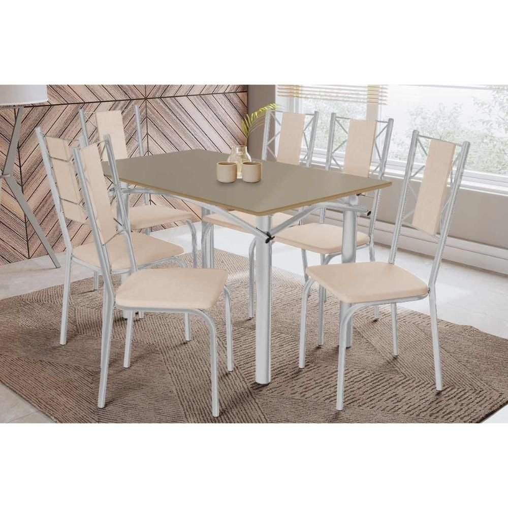 Conjunto: Mesa de Cozinha Elba Tampo Madeirado C/ Vidro 120cm e 6 Cadeiras Lisboa Cromada/freijo ...
