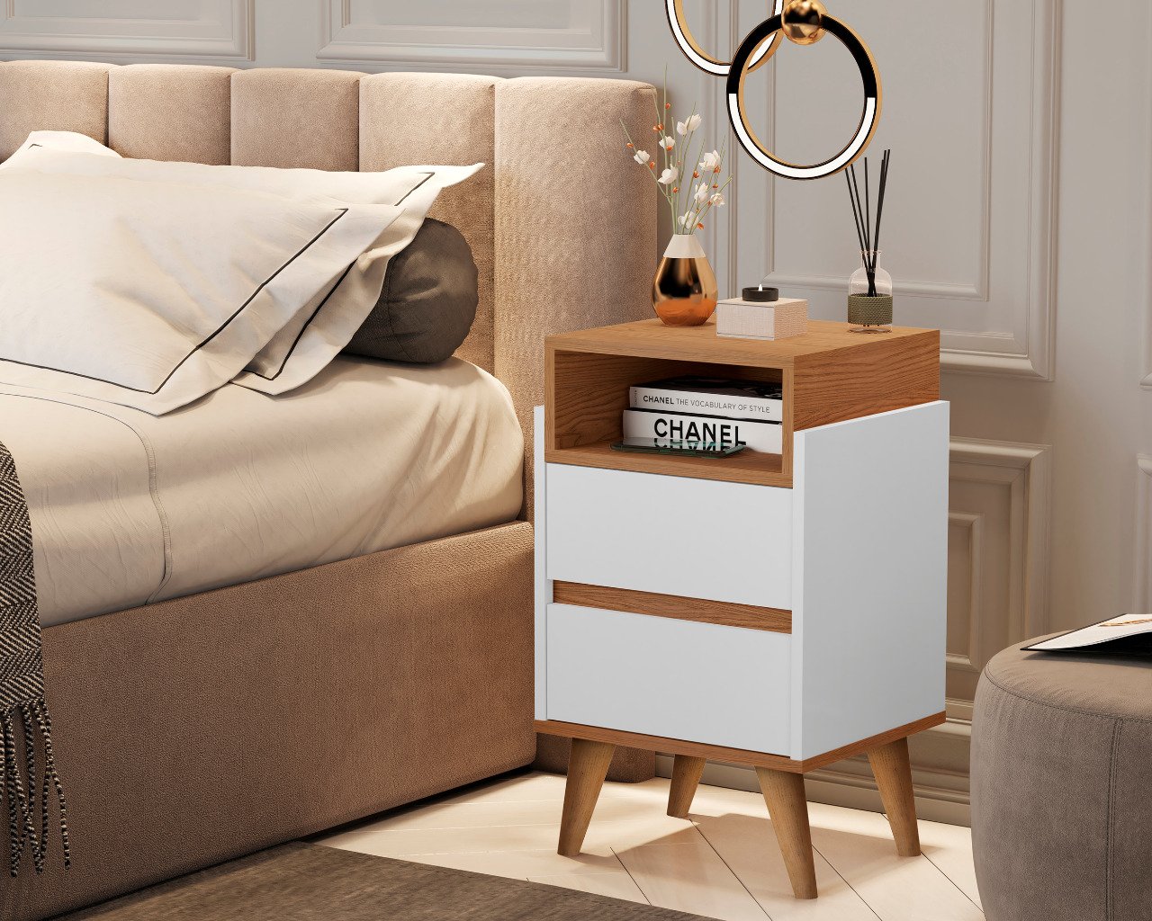 Mesa de Cabeceira Pés Palito Verona 2 gavetas Branco / Nature - Comprar Moveis em Casa ...