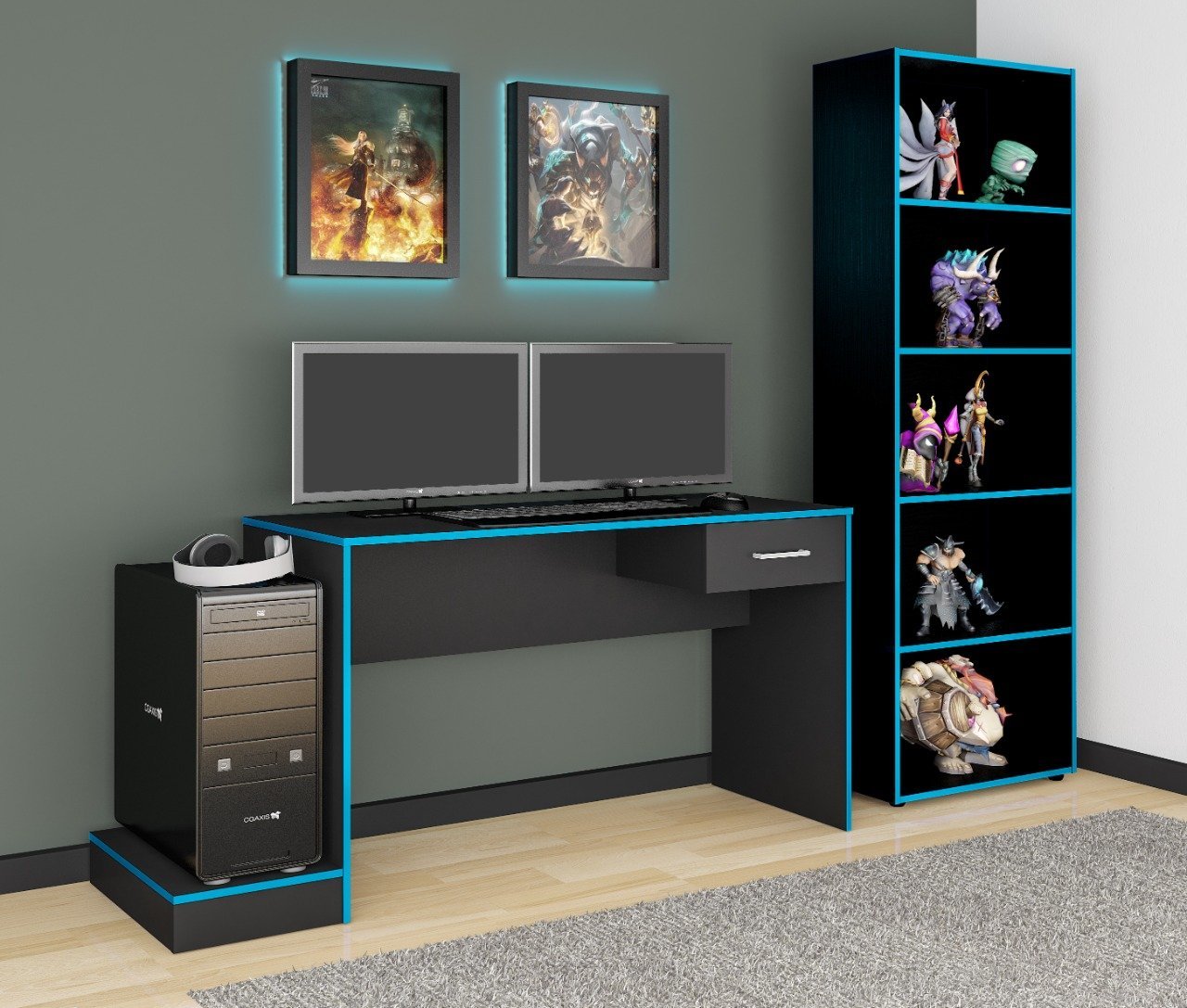 Kit Mesa Computador com Estante Gamer Azul e Preta | MadeiraMadeira