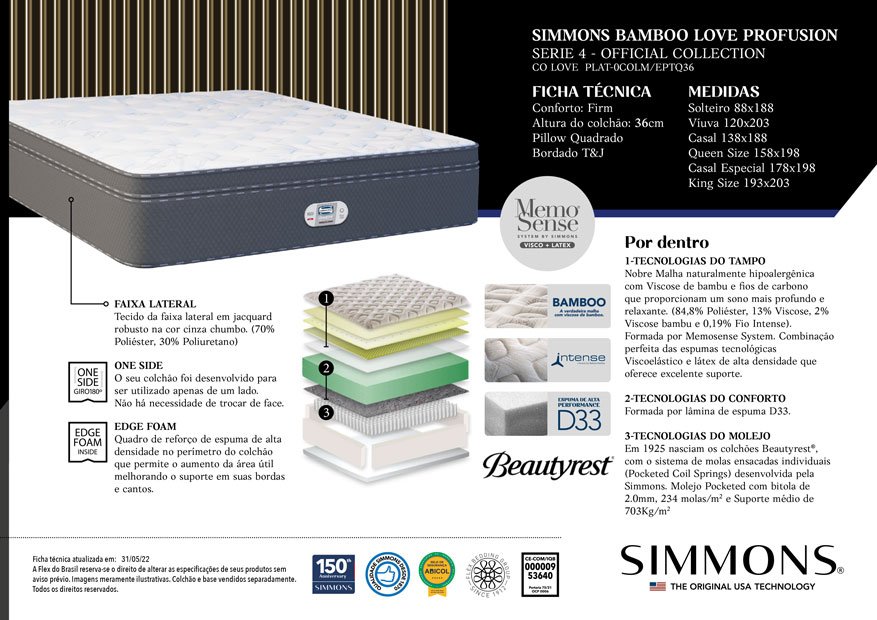 Colchão Solteiro Americano Simmons Platinum Bamboo Love Profusion (96 x ...