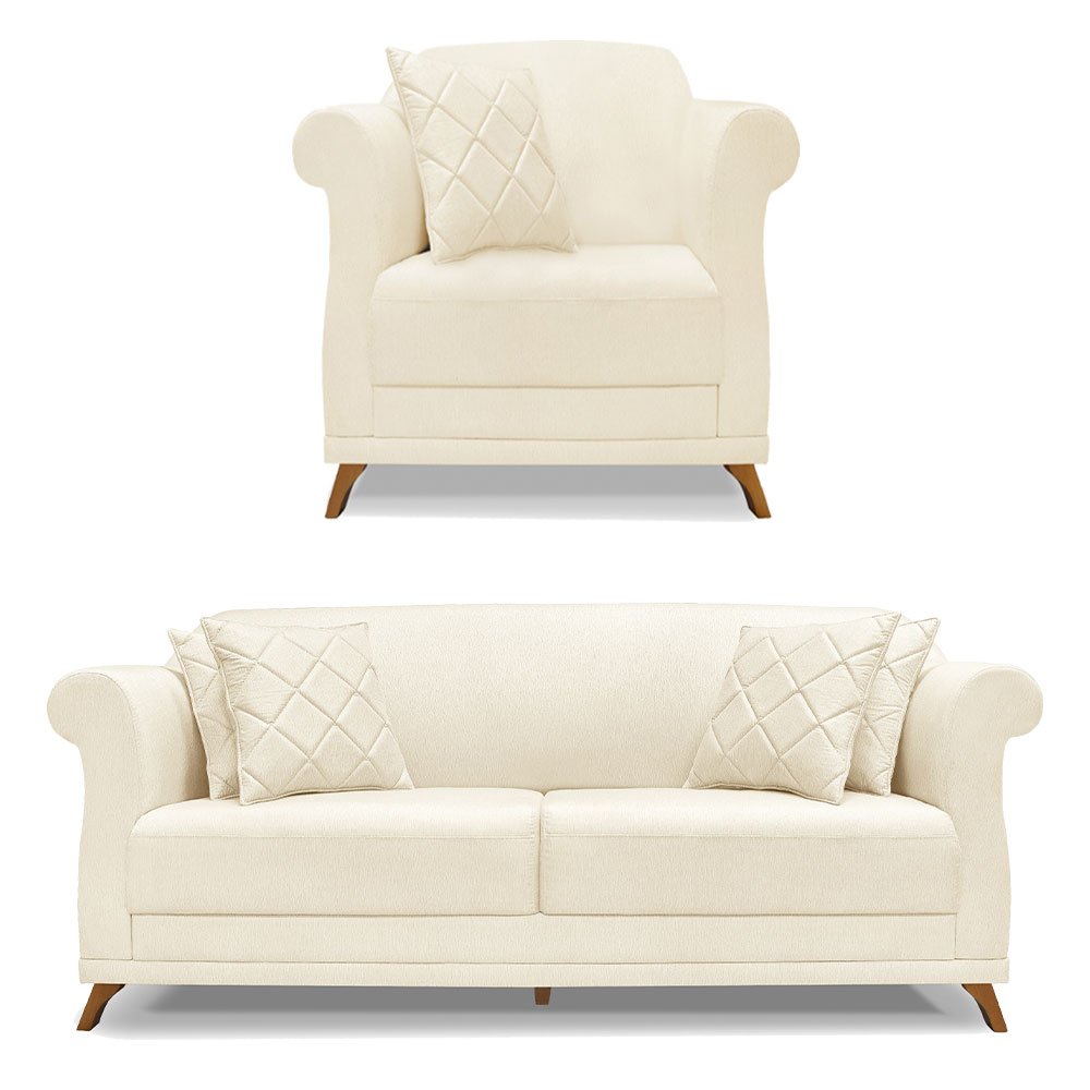 Kit Poltrona e Sofá Living 3 Lugares 2,00m Vênus Linho Pés Castanho - Pallazio Bege | MadeiraMadeira