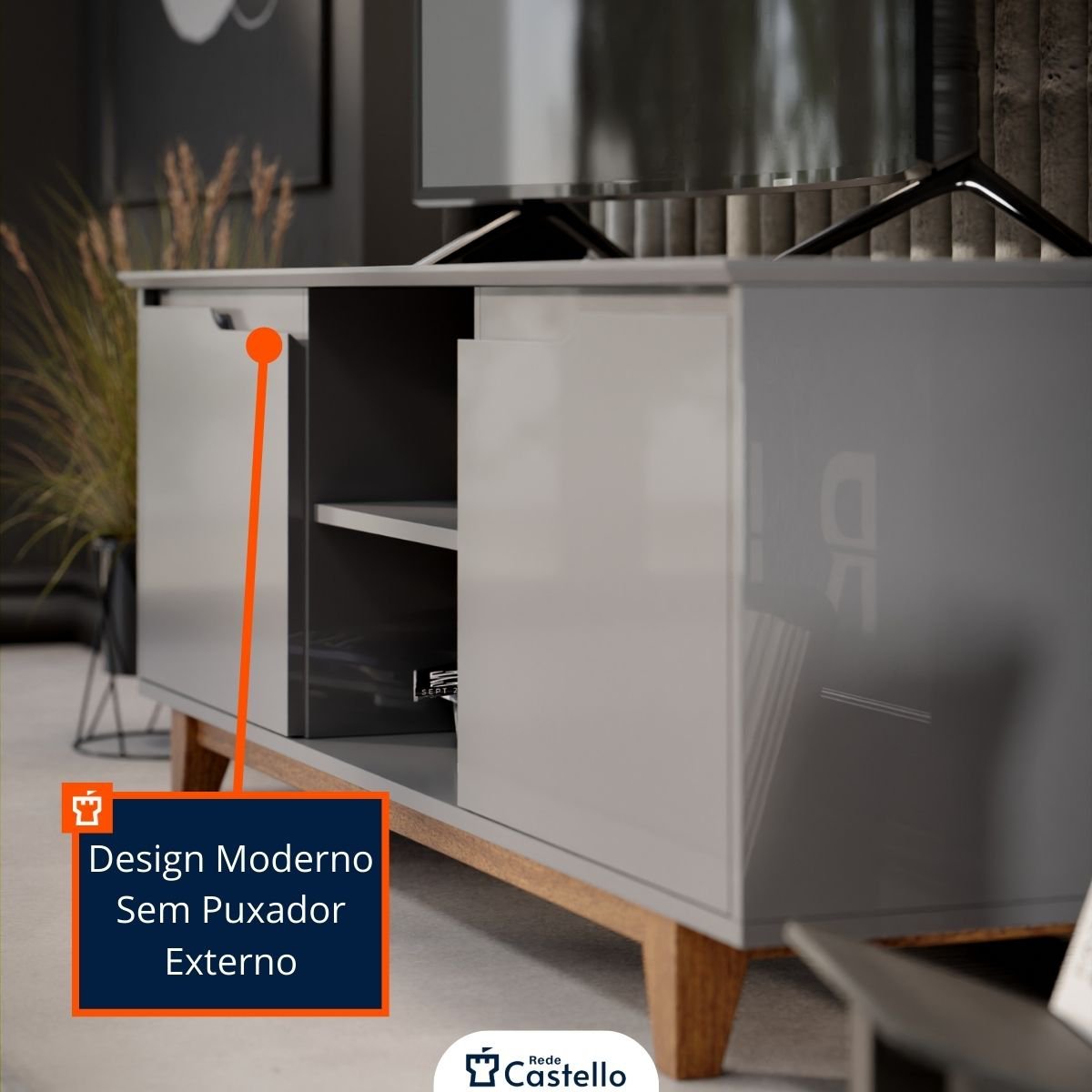 Rack de Televisão até 55 Polegadas 2 Portas Pés em Madeira - Mod.0225 - Cinza | MadeiraMadeira