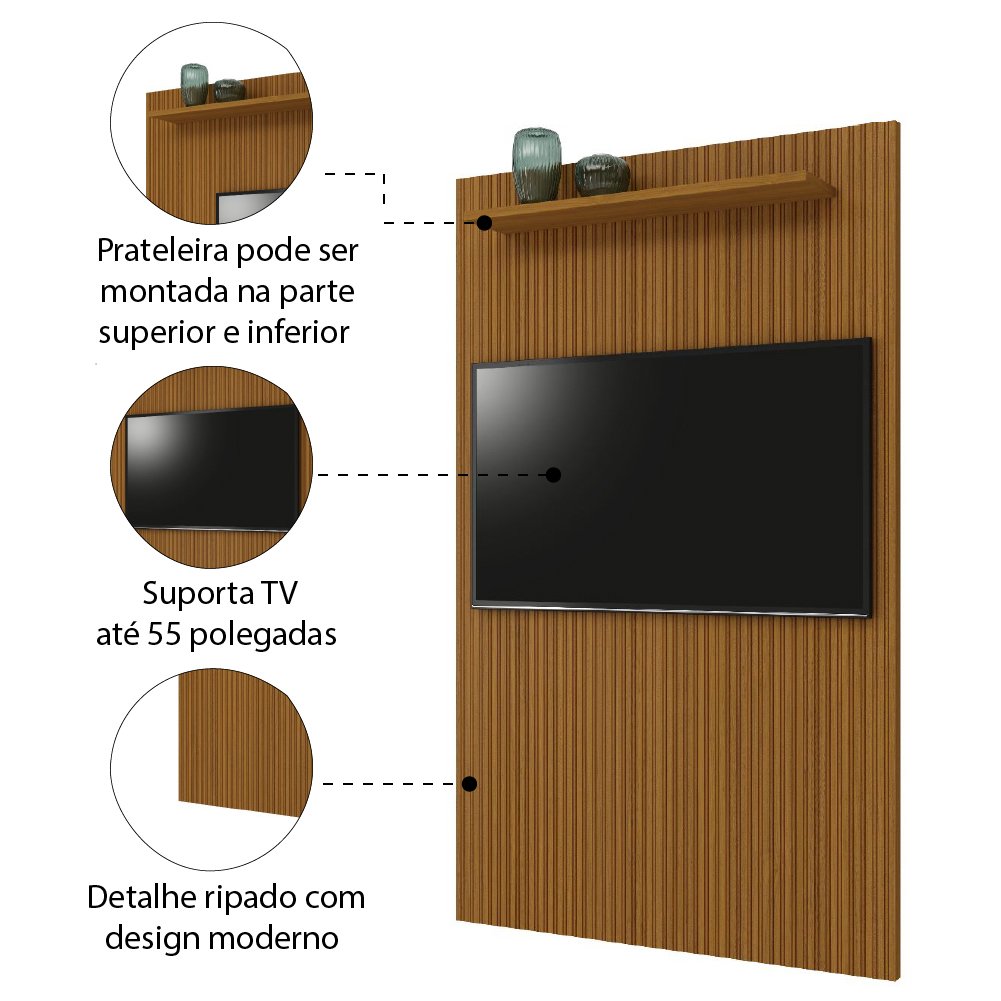 Painel Para Tv Até 55 Polegadas Ripado Impressão 3D Egeo Com Prateleira 1,35m Cedro EDN ...