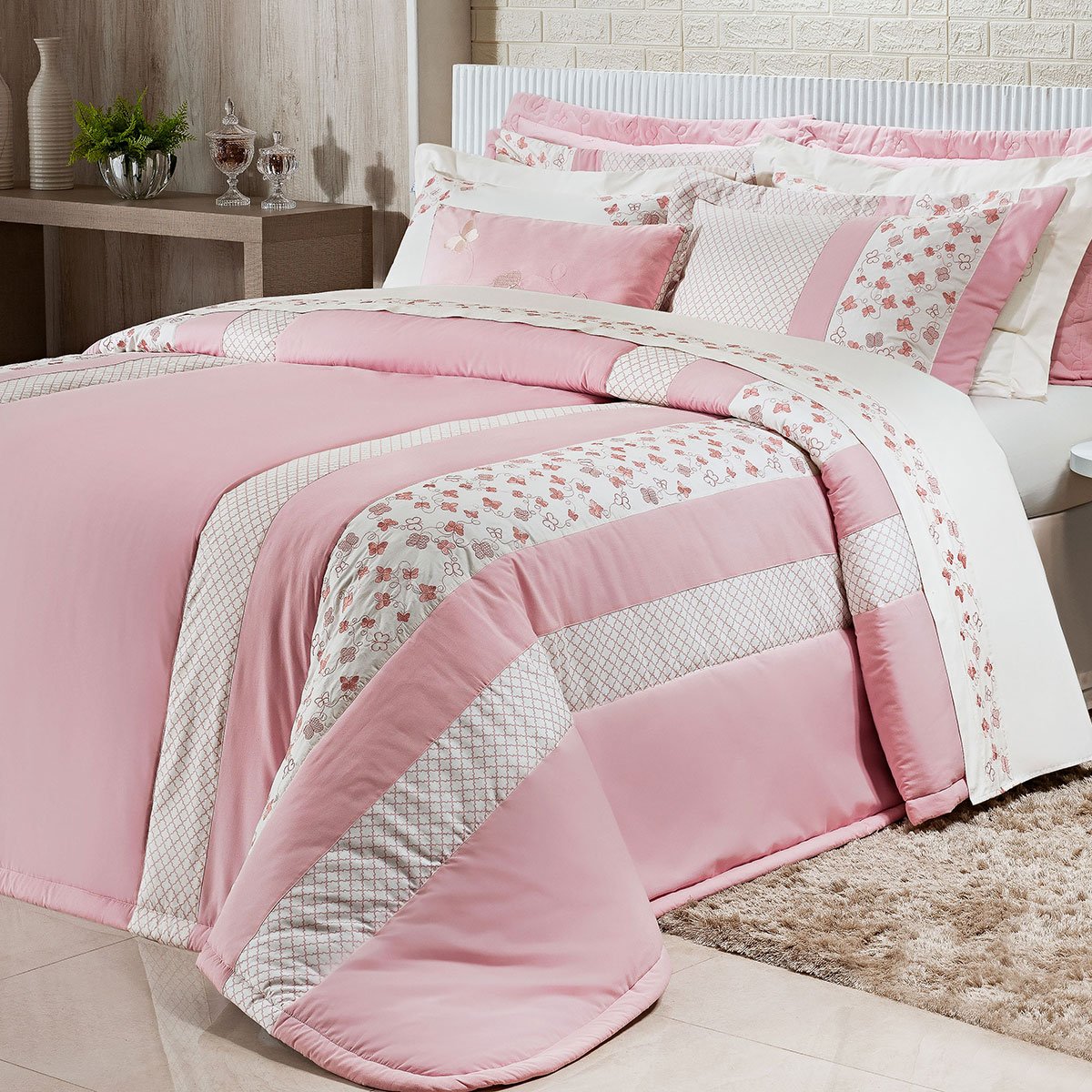 Colcha King Size Rosa Clara 200 Fios 100% Algodão 5 Peças 2,80m x 2,70m ...