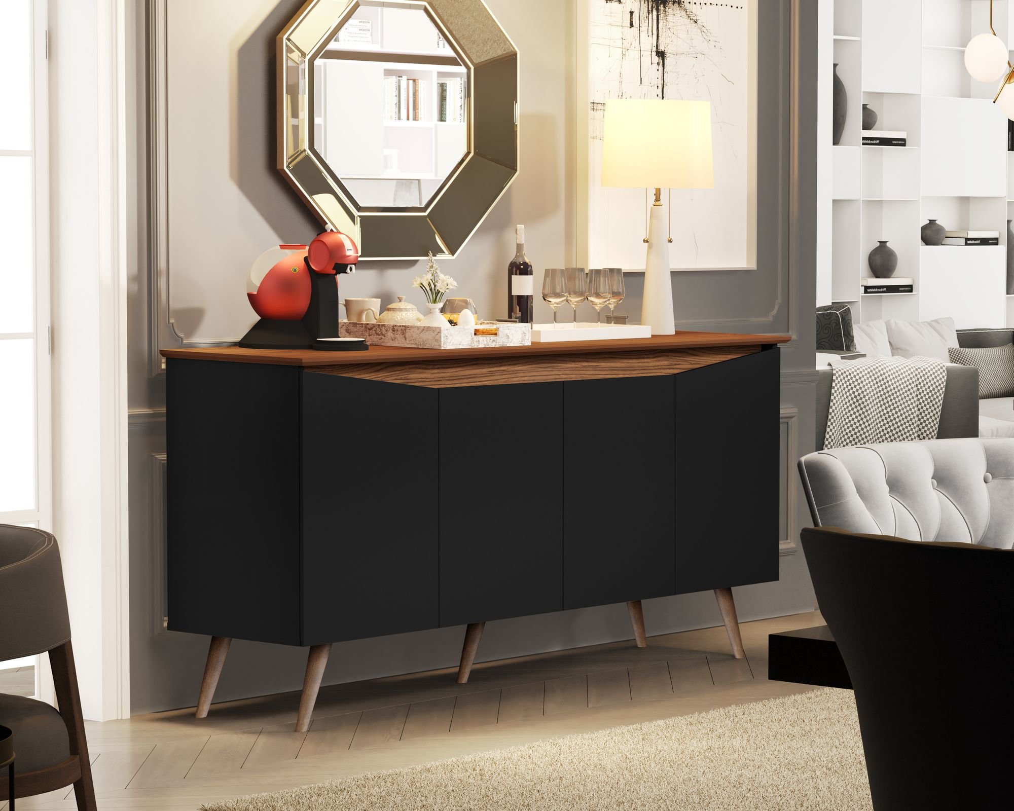 Buffet Encanto 4 Portas Sala De Estar/jantar Preto/Freijó | MadeiraMadeira