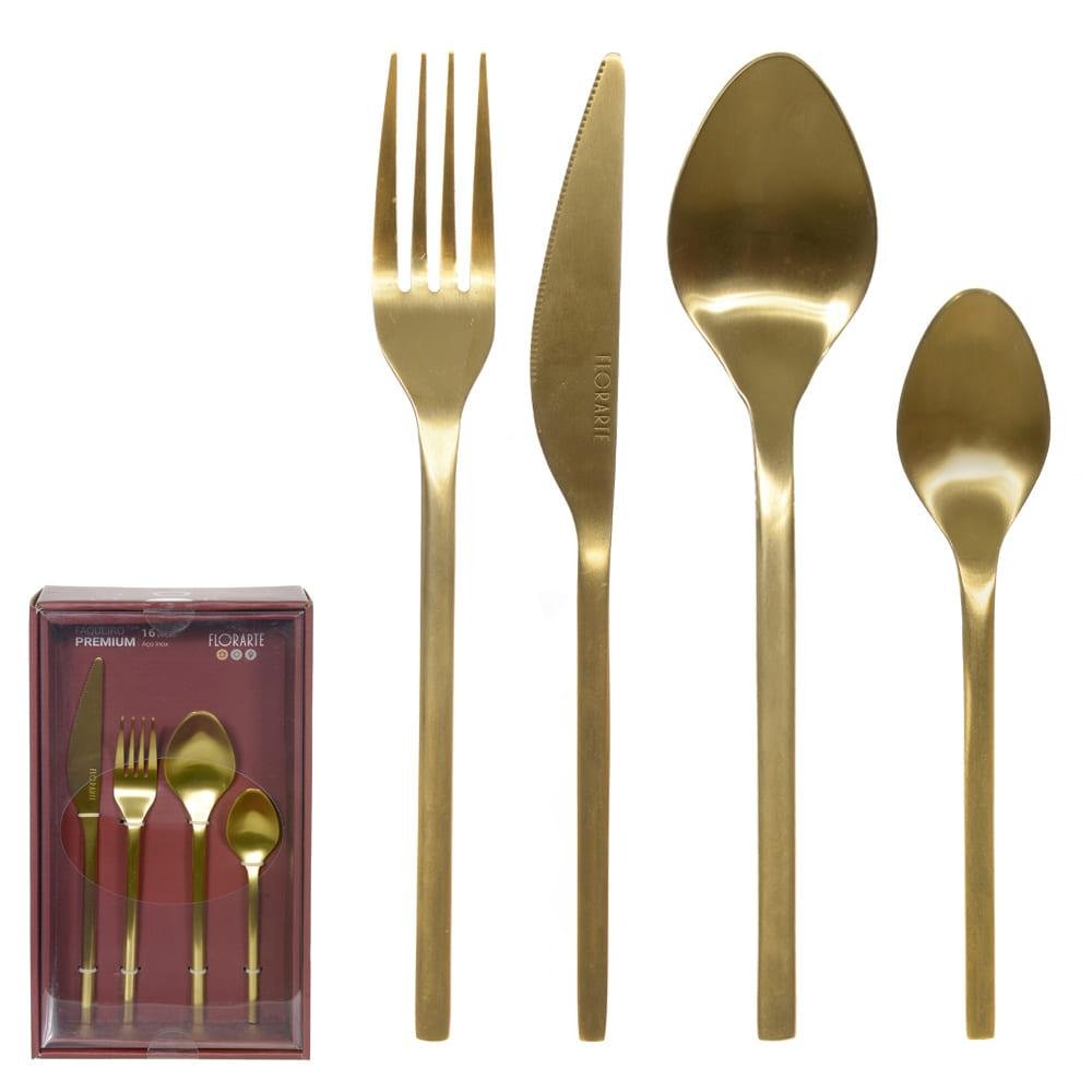 Faqueiro Aco Inox C/16 Pecas Premium Dourado Fosco Florarte ...