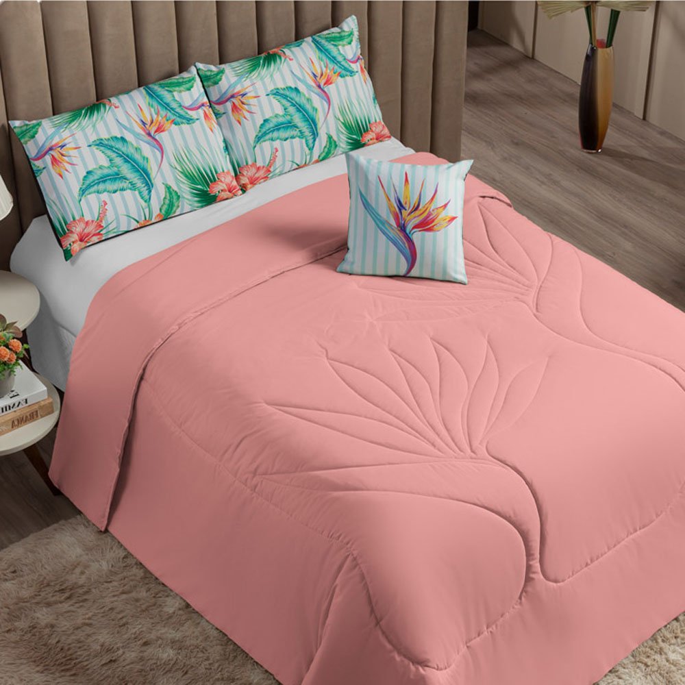Kit Edredom Miami Floral Queen Microfibra Matelado 5 Peças - Rosê ...