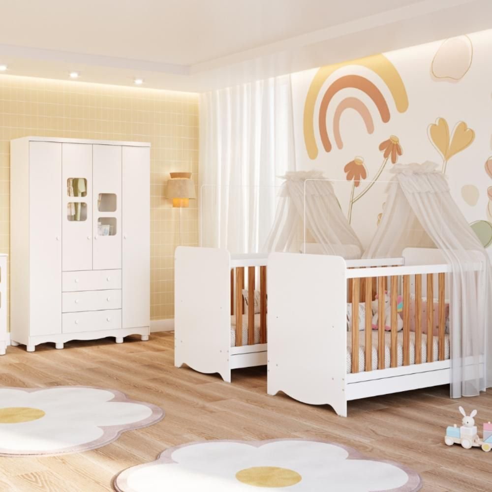 Quarto de Bebê Gêmeos 2 Berços Americano Ben Guarda Roupas 4 Portas Uli ...
