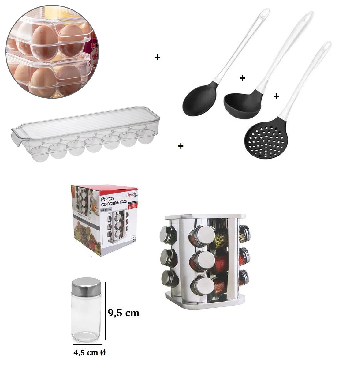 Kit Porta Condimento Giratório + Organizador de Ovos + Colher de Arroz ...