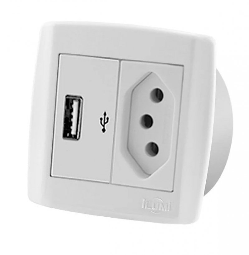 Conjunto 1 Tomada 10A 250V com Tomada USB 2A Slim Ilumi | MadeiraMadeira