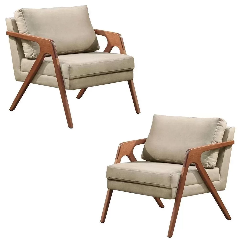Conjuntos de Poltrona Mona - Kit com 02 - Linho Bege - Braço Madeira ...