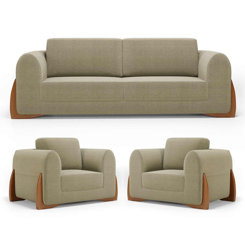 Kit 02 Poltronas e 01 Sofá Bloom 180cm 02 Lugares com Pés de Madeira ...