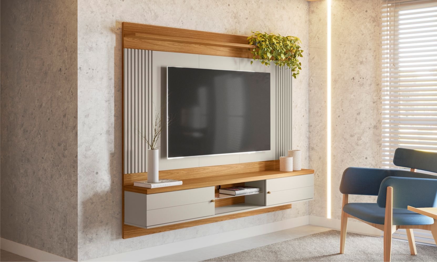 Painel Home para TV Ripado Liege Nature Off-White | MadeiraMadeira