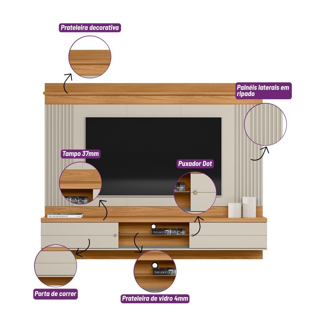 Painel Home para TV Ripado Liege Nature Off-White | MadeiraMadeira